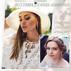 6 Pairs Butterfly Cuff Tassel Chain Earrings Cute Butterfly Stud Drop Dangle Earrings Long Crystal Butterfly Earrings Jewelry Butterfly Purple Rhinestones Statement Charm for Women Girl (Silver, Gold)