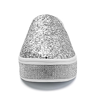 UUBARIS Women's Fashion Loafers Rhinestone Glitter Sneakers Sparkly Tennis Shoes Casual Platform Loafers Bling Slip-on Sneakers silver-11