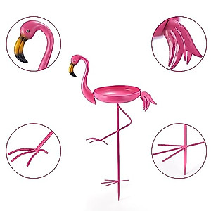 SMQLJXC 41 in Tall Flamingo Outdoor Bird Bath, Metal Bird Bath Bowl, Bird Feeder or Drinker Plate with Metal Stake, Home Garden Lawn Yard Decorations (Pink)