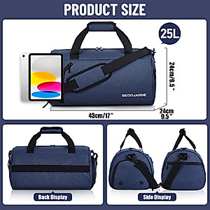 BECOJADDE Gym Bag for Men Women with Shoe and Wet Compartment, 25L Sports Duffle Bags for Travel Swimming Fitness and Workout with Shoulder Strap, Blue