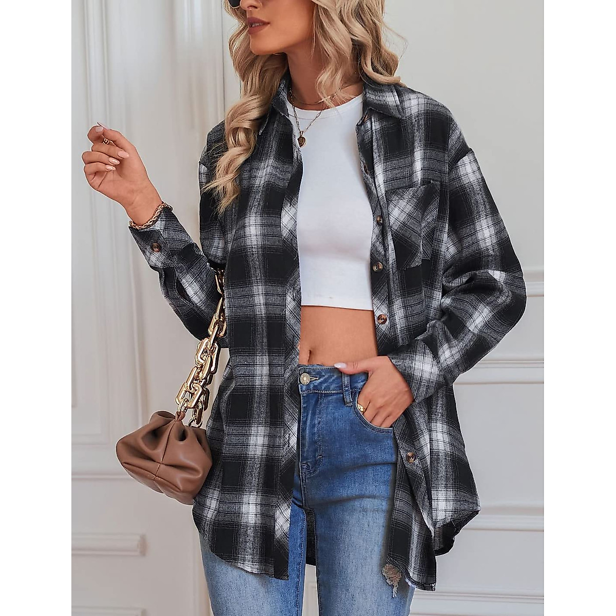 Tiko Miko Flannel Shirts for Women Oversized Plaid Soft Flannel Button Down Shirt Blouses(0001-black-L)