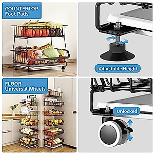 Wisdom Star 6 Tier Fruit Vegetable Basket, Wire Storage Basket Organizer Utility Cart with Wheels, Vegetable Basket Bins for Onions and Potatoes, Fruit Vegetable Storage Cart for Kitchen, Black