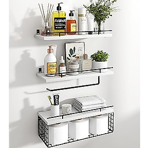 Mefirt Floating Shelves, 3+2 Tier Bathroom Shelves with Paper Towel Holder & Towel Bar, Wood Wall Décor Shelves Over Toilet with Wire Storage Basket & Guardrail, Farmhouse Floating Shelf - White