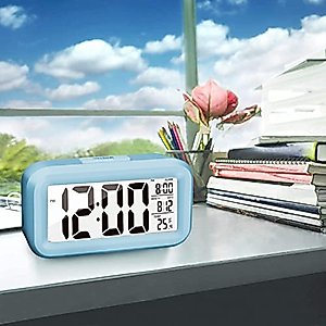 KAIJIELY Upgraded Digital Alarm Clock, 4.3" LED Display with Temperature Larger Lound Light Control Portable Snooze Calendar Brightness with Battery Powered Alarm Clocks Bedside for Everyone (Blue)