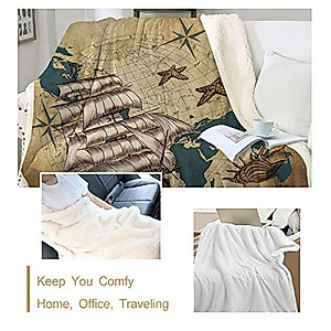 Sleepwish Nautical Blanket Sherpa Blanket Fuzzy Soft Bed Blanket Antique Map Blanket Old Sailing Ship Blanket Maine Fleece Blanket,Throw (50" X 60")