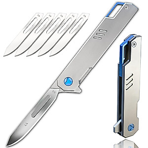 JIARIOME Titanium Scalpel EDC Folding Pocket Knife Microtech Inspired Mini Utility Blade for Keychain Retractable Craft Precision Easy Carry on Key Chain or Wallet (5 pcs #60 Blades)