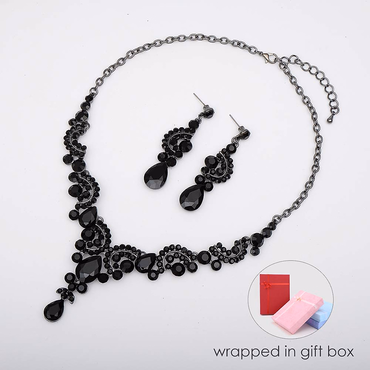 CSY 4 Pcs/Sets Vintage Necklace Earrings Bracelet Ring Retro Bridal Wedding Costume Jewelry Sets for Brides Women Gifts (Black Crystal)