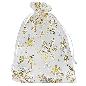 Jexila 100PCS Christmas Organza Bag 5''X7'' Snowflake Christmas Small Mesh Drawstring Gift Bags Christmas Party Favor Goodie Candy Treat Bags
