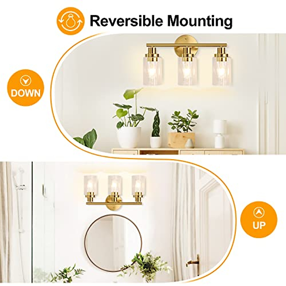 Watyo Bathroom Light Fixtures Gold Vanity Light 3 Light Wall Sconces Lighting Brushed Brass Bathroom Lights with Clear Glass Shades Bath Wall Lights Wall Lamp for Mirror Kitchen