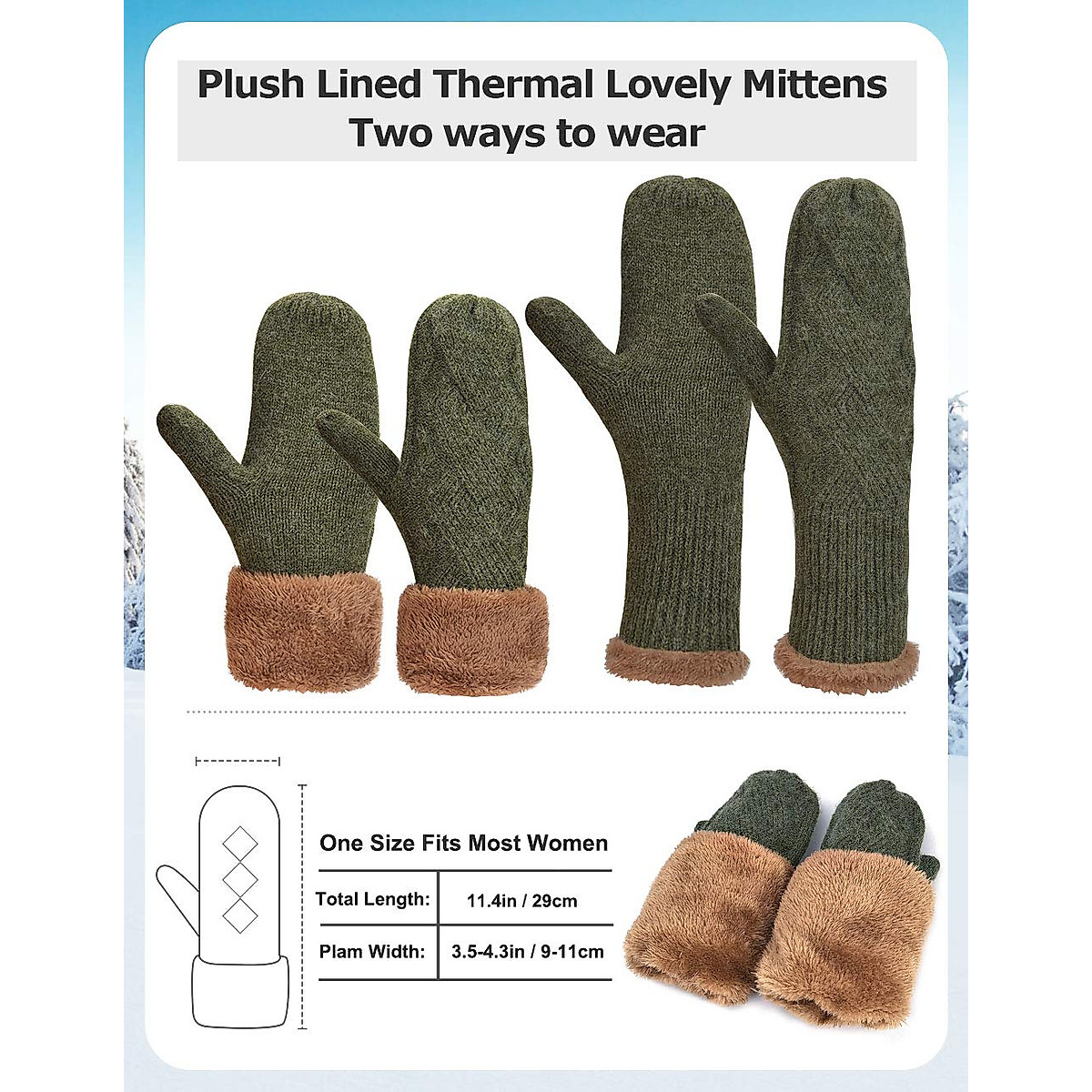 MAYLISACC Cable Knit Beanie-Hats and Mittens-Gloves-Set for Women Fleece Lined Winter Ski Caps with Fuax Fur Pom Pom, Green