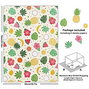 Aloha Floral Hawaiian Luau Wrapping Paper 6 Sheets, Pitaya Pineapple Orange Banana Watermelon Lemon Summer Fruit Floral Monstera Palm Turtle Leaves Tropical Island Themed Wrap Paper Sheet for Gift Wrapping, Birthday, Baby Shower, Aloha Hula Party Decorati
