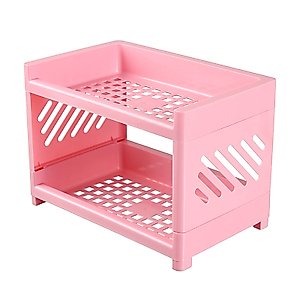 XINGWANG Double-Layer Desktop Storage Rack, Foldable Office Stationery Storage Rack,Kitchen Seasoning Storage Rack, Bathroom Cosmetic Storage Rack (Pink, 2-Layer)
