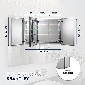 Croydex Brantley Tri-View Recessed or Surface Mount, Hang 'n' Lock Easy Installation Medicine Cabinet, 36W x 26H, Aluminum