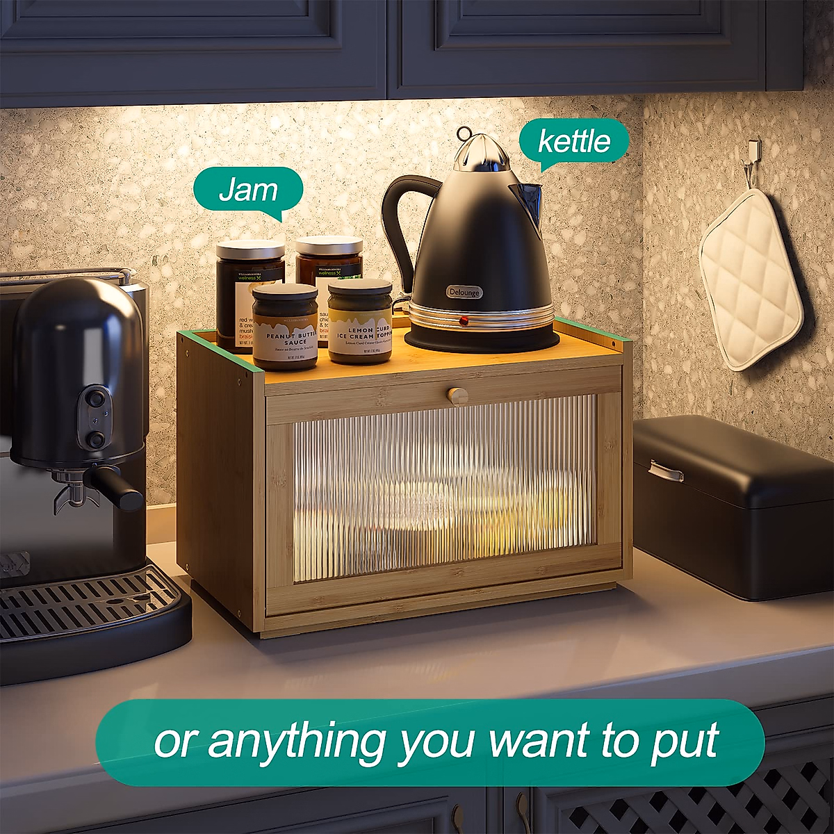 kiplant Large Bread Box for Kitchen Counter, Bamboo Bread Storage Container with Wavy Arcylic Transparent Door, Bamboo Wooden Farmhouse Bread Box for Your House