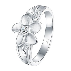 BORUO 925 Sterling Silver Ring, Plumeria Cubic Zirconia CZ Hawaiian Flower Comfort Fit Wedding Band Ring Size 9