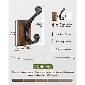 Josmimic Wall Hooks for Hanging Towel - Black Rustic Wood Coat Hook,4 Pack Hooks Wall Mounted for Towel, Coat, Cloth, Purse, Hat, Key, Decorative Bathroom Shower Kitchen