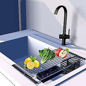 DMJWAN Roll Up Dish Drying Rack,Foldable Sink Rack with 2 Storage Baskets, Rollup & Stretchable,SUS304 Stainless Steel , for Kitchen Dishes,（Expandable Size22.8" X 12.7"）