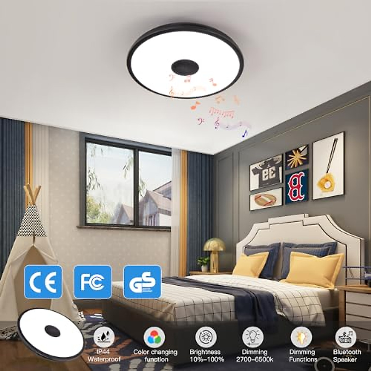 ASALL Black Waterproof LED Ceiling Light Fixture,with Bluetooth Speaker,11Inch 18W, 2700K-6500K Dimmable Music Lamp,RGB Color Changing Light with Remote Control,for Bathroom,Shower,Bedroom