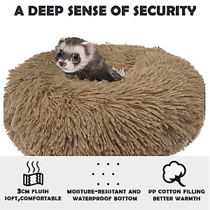 TTANFY Ferret Plush Donut Bed Soft Plush Small Pet Cushion Long Plush & Self-Warming Bed Waterproof Bottom for Ferret Guinea Pig and Small Animals (Brown)