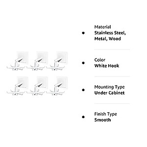 6 Pack Heavy Duty Under Cabinet Utensil Holder Hanger Hook, 360 Degrees Rotating Folding Hook Self Adhesive Hook Utensil Rack with 6 Hooks for Bathroom, Kitchen and Home （White）