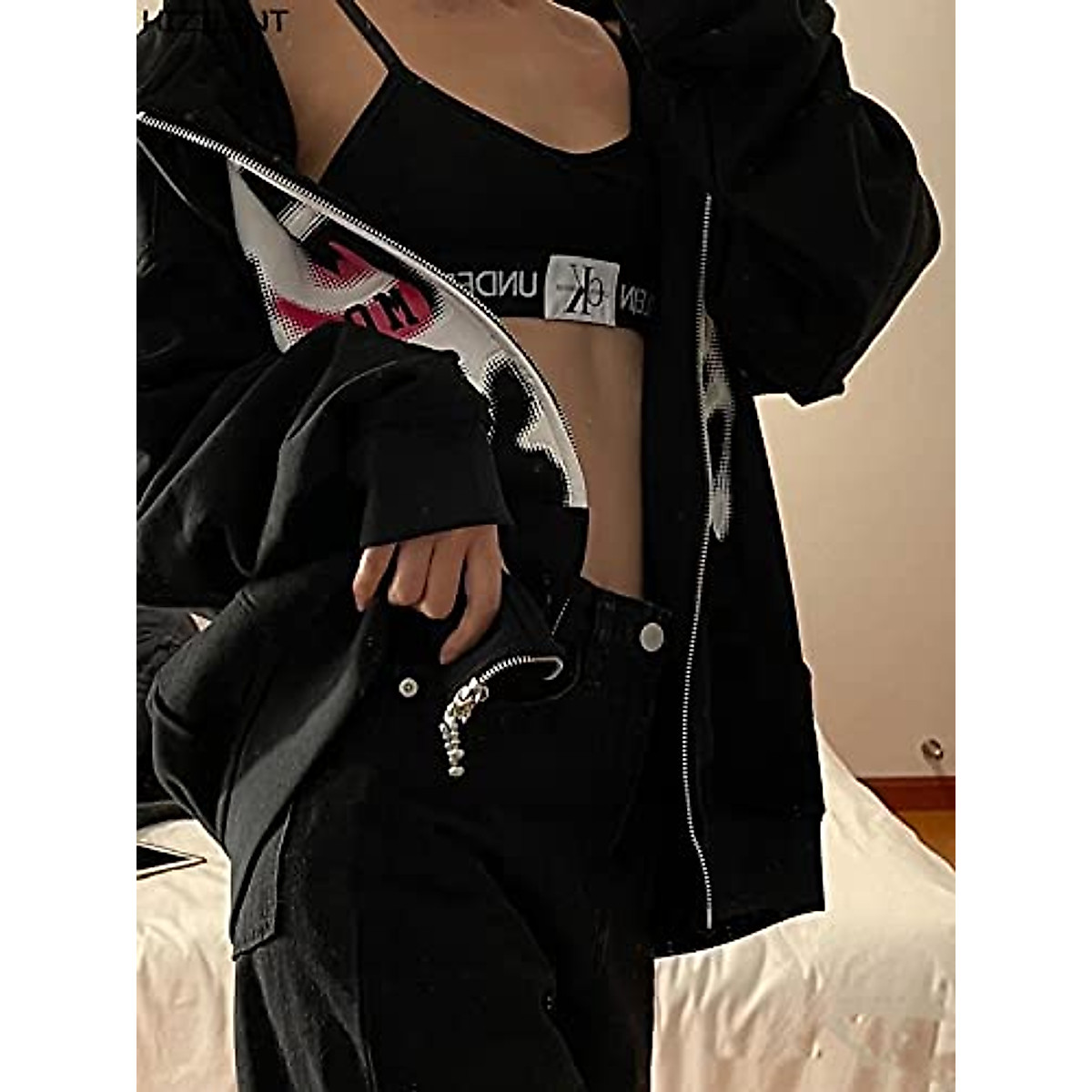 Women's Y2K Vintage Graphic Zip Up Hoodie Oversized Casual Drawstring Hoodie E-Girl 90s Streetwear Jacket Tracksuit(C-black,L)