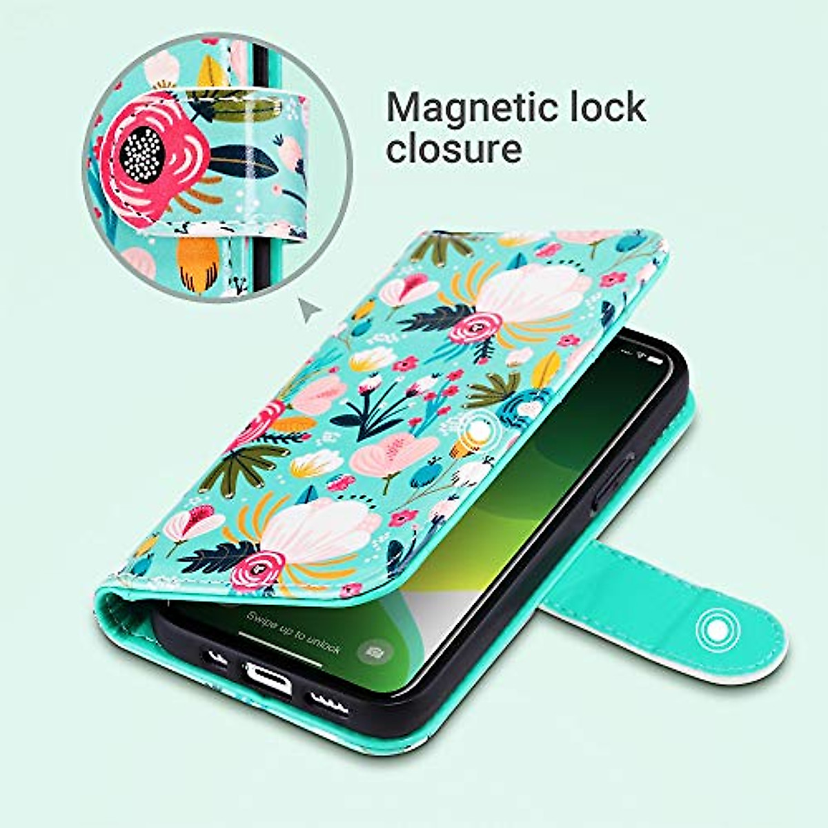 ULAK Compatible with iPhone 12 Mini Wallet Case with Card Holders for Women, Designed PU Leather Flip Wallet with Kickstand Card Slot, Protective Phone Cover for iPhone 12 Mini, 5.4inch, Mint Flower