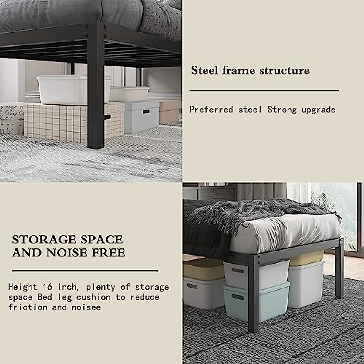 Bonkiss Full Bed Frame 3000 lbs+, Full Bed Frame No Box Spring Needed, Heavy Duty Tall Metal Full Platform Bed Frames with Large Storage Space, Noise Free, Black.