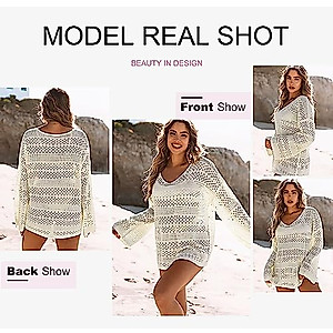 Dokotoo Women's 2023 Spring Summer Crochet Hollow Out Long Sleeve Beach Bikini Swimsuit Mesh Cover Up Tunic Top Apricot M
