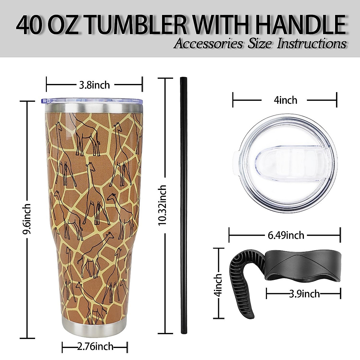 Giraffe 40 Oz Tumbler with Handle and Straw, Giraffe Print Large Big Stainless Steel Vacuum Insulated Tumbler Coffee Cup Water Bottle Travel Mug, Cute Giraffe Gifts Stuff Decor Accessories, Brown