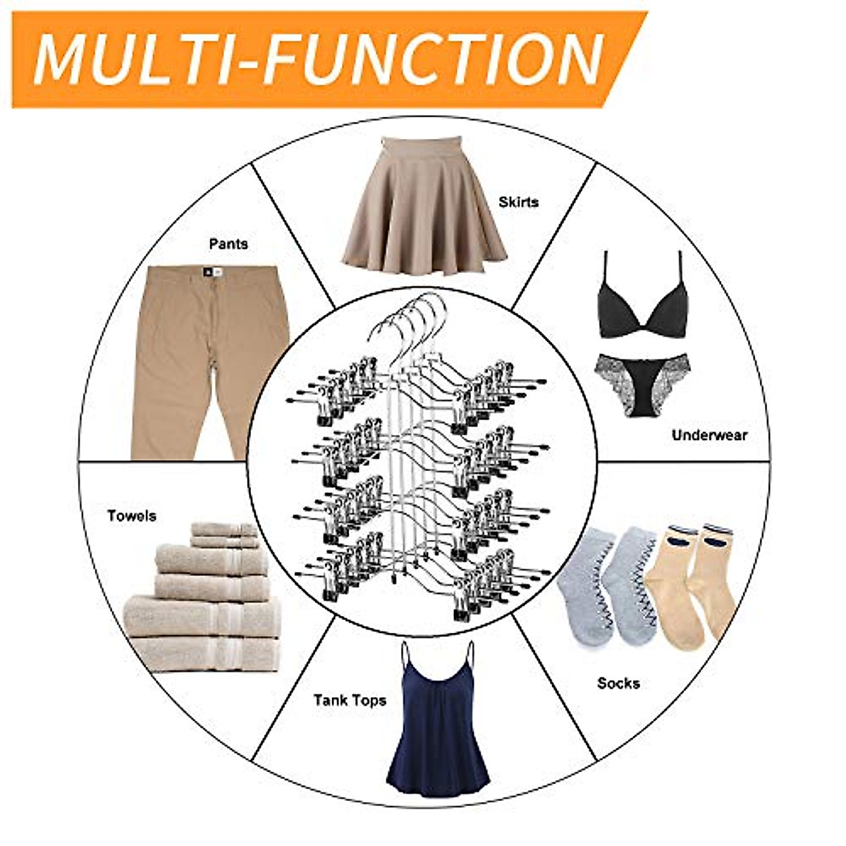 Frezon Multi Layer Pants Hangers, 4 Tier Skirt Hangers with Adjustable Clips, Non Slip Space Saving Closet Organizer Heavy Duty 360 Degree Swivel Hook, Great for Slack, Trouser, Jeans(Black)