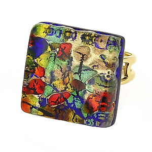 Glass Of Venice Murano Glass Ring 3/4-Inch - Square Adjustable Size Ring in Gold, Red, and Green, Lined with Gold Leaf. Blown Glass - Murano Glass Rings for Women Handmade in Italy