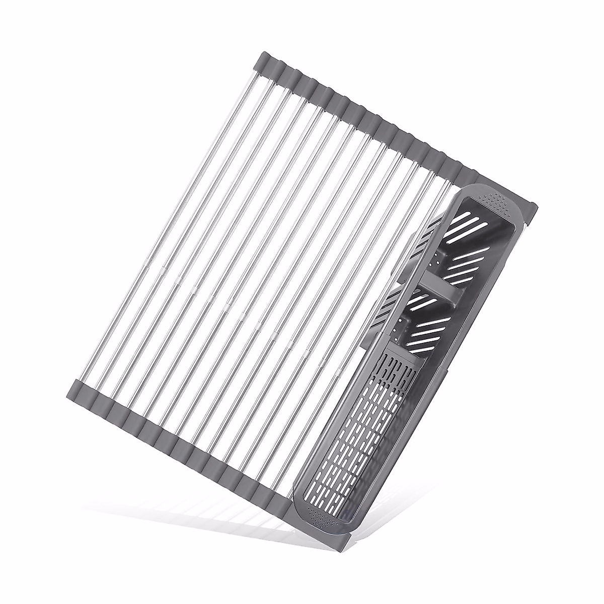 CLNGAI Roll Up Dish Drying Rack,Expandable Over The Sink Dish Drainer,Stainless Steel Kitchen Rolling Sink Rack with Utensil Holder,Length Up to 22.3" (Grey)