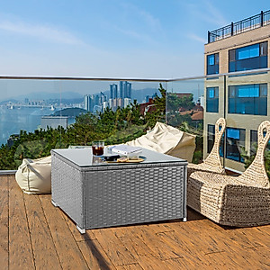 Crownland Patio Furniture Grey Wicker Square Outdoor Coffee Tables with Square Glass Top for Garden, Pool, Backyard