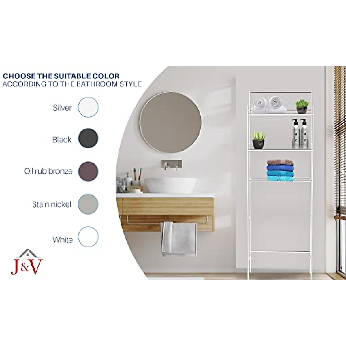 J&V TEXTILES 3-Shelf Bathroom Organizer Over The Toilet, Bathroom Spacesaver (Silver)