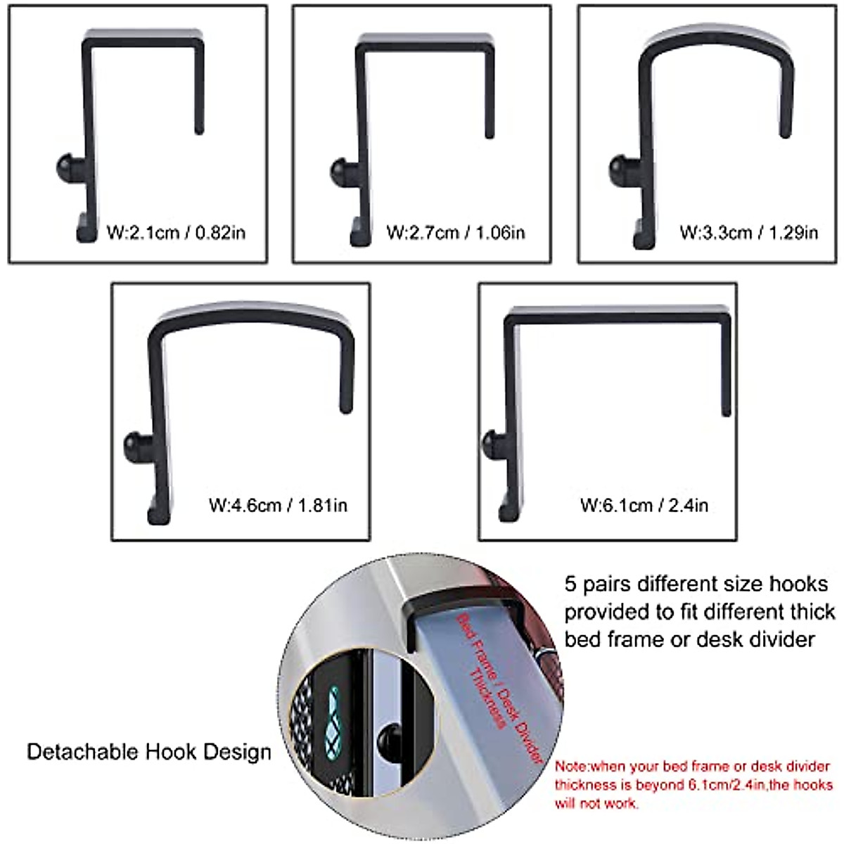 Bedside Shelf for Bed & Bunk Bed Storage Basket Office Cubical Wall Hanging Organizer - 5 Different Size Hooks - College Dorm Home Office Essentials for Phone,Book,Drink,Tissue (Black)