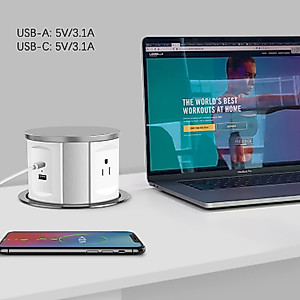 HHSOET 4-3/4 Inch Extra Large Pop Up Outlet for Countertop, Large Round Pop-up Power Strip with USB C Port for Kitchen Counters, in Desk Grommet Outlet Center with 3 Outlet and USB Ports.