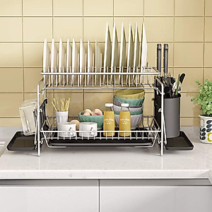 1Easylife Dish Drying Rack, 2 Tier Large Kitchen Dish Rack with Removable Drainboard, Utensil Holder and Cup Holder, Rustproof Nano Coating Dish Drainer