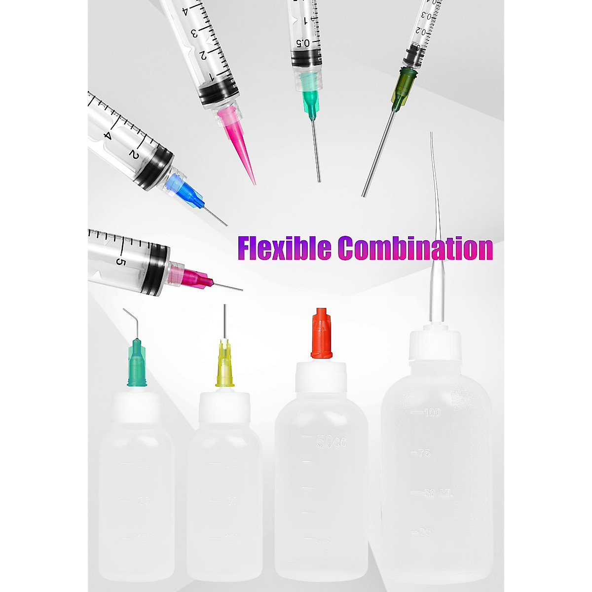 Glue Syringe Needle Tip Squeeze Bottles Set (1ml-50ml), 14G-22G Blunt Needle Tip with Caps, Precision Glue Applicator for Oil, Ink and Art Crafts