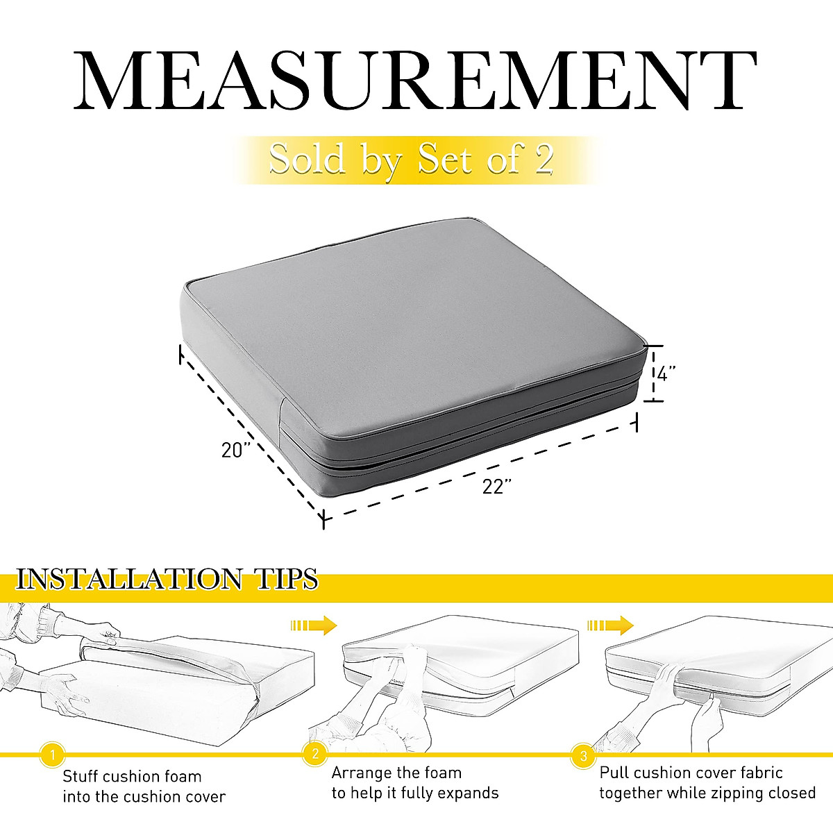 NICETOWN 2 Pack 22 x 20 x 4 inch Patio Chair Cushion Covers for Outdoor Furniture, Fade Safe Long Lasting Patio Furniture Cushion Covers Replacement for Indoor Outdoor with 4 Buckle Straps, Grey