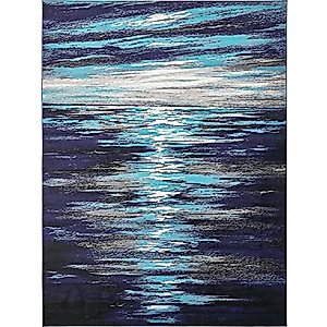 Unique Loom Metro Collection Abstract Water Modern Waves Seascape, Coastal, Nautical Area Rug, 9 ft x 12 ft, Navy Blue/Turquoise