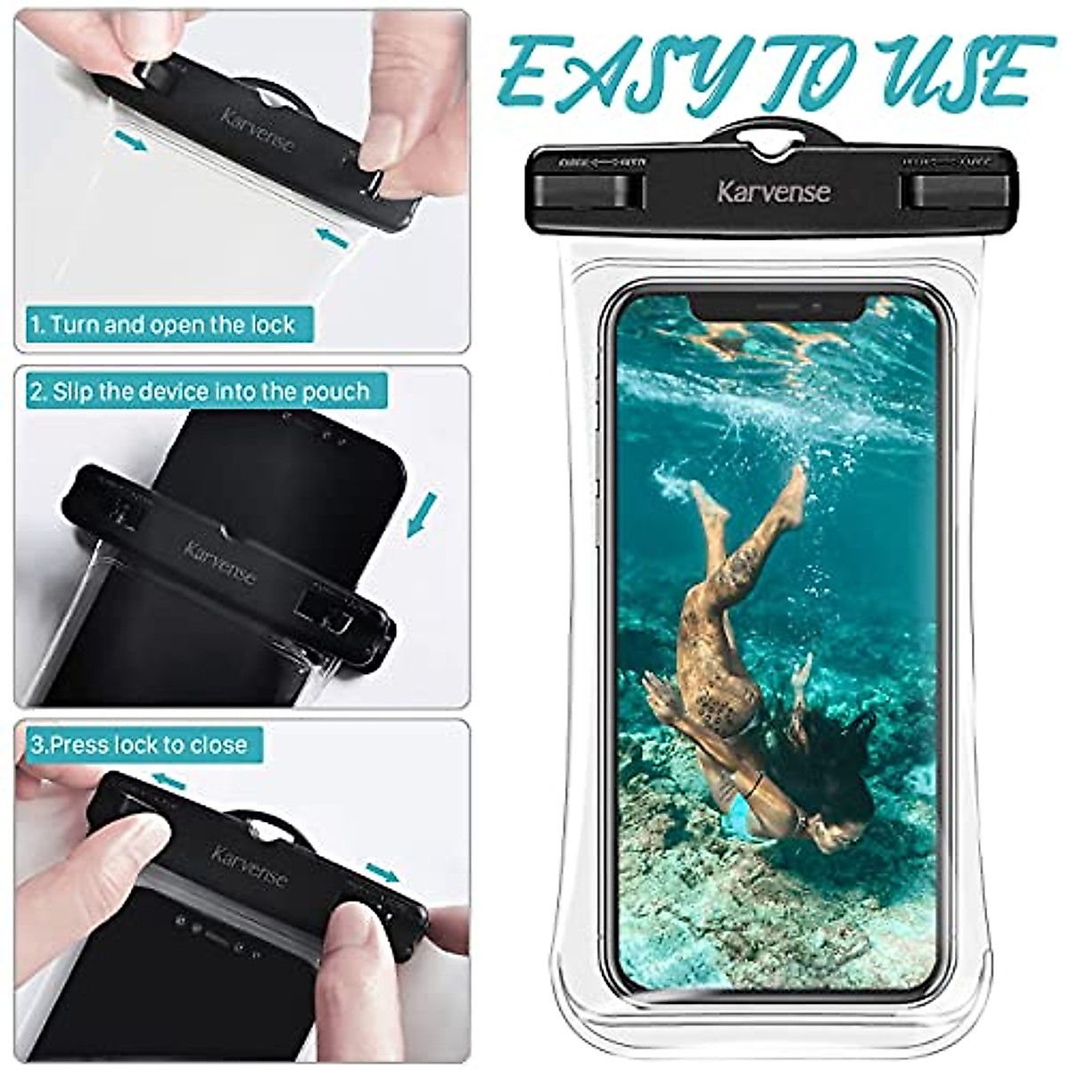 Karvense Waterproof Phone Pouch Case, 4 Pack Waterproof Cell Phone Holder/Bag for iPhone, Samsung Galaxy,Pixel, Moto, Universal Dry Bag for Vocation, Beach, Pool, Shower, Rafting, Kayaking, Snorkeling