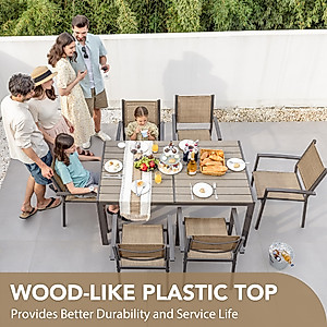 Devoko Patio Dining Set 7 Piece Outdoor Furniture with Rectangular Table and 6 Stackable Chairs Family Conversation Set for Garden Backyard Deck (Brown)