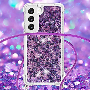 Asuwish Phone Case for Samsung Galaxy S23 Plus S23+ 5G with Screen Protector Crossbody Strap Bling Liquid Glitter Clear Slim Protective Cell Cover S23plus 23S + S 23 23+ SM-S916U 6.6 inch Women Purple