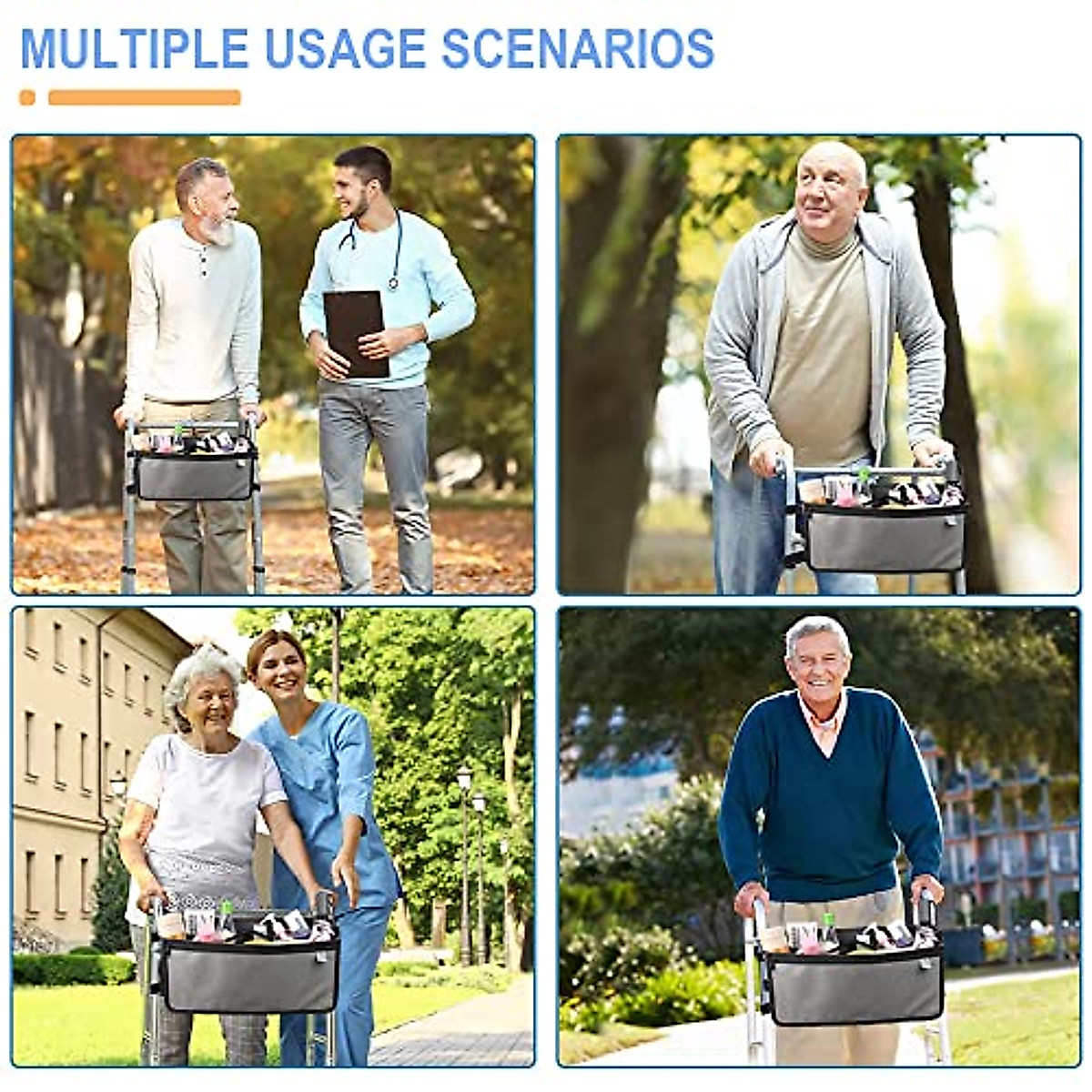 MDSTOP Walker Basket, Walker Bag Water Cup Holder, Foldable Walker Attachment Hands-Free Storage Bag for Elderly, Senior, Large Capacity with Zippered Phone Pocket (Not Fit Rollator Walkers) (Grey)