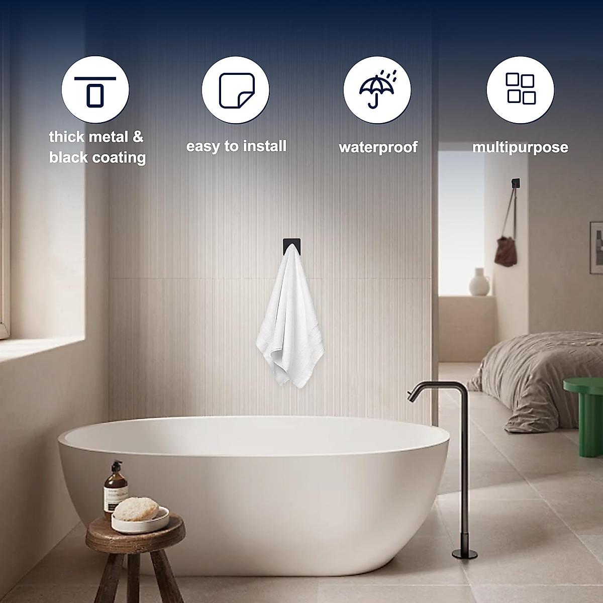 ZDFRBJGㅤㅤㅤㅤ Adhesive Wall Hooks Premium Stainless Steel Waterproof Bathroom Hook Shower Strong Metal Adhesive Hooks, Towel Hook Kitchen Utensils Office Home Matte Black (6 Pcs Set) 1