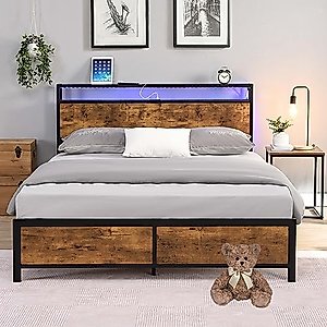 Modern Industrial Queen Bed Frame with LED Lights and 2 USB Ports, Metal Platform Bed Frame Queen Size with Storage, Noise Free, No Box Spring Needed, Strong Steel Slats Support, Rustic Brown (Queen)