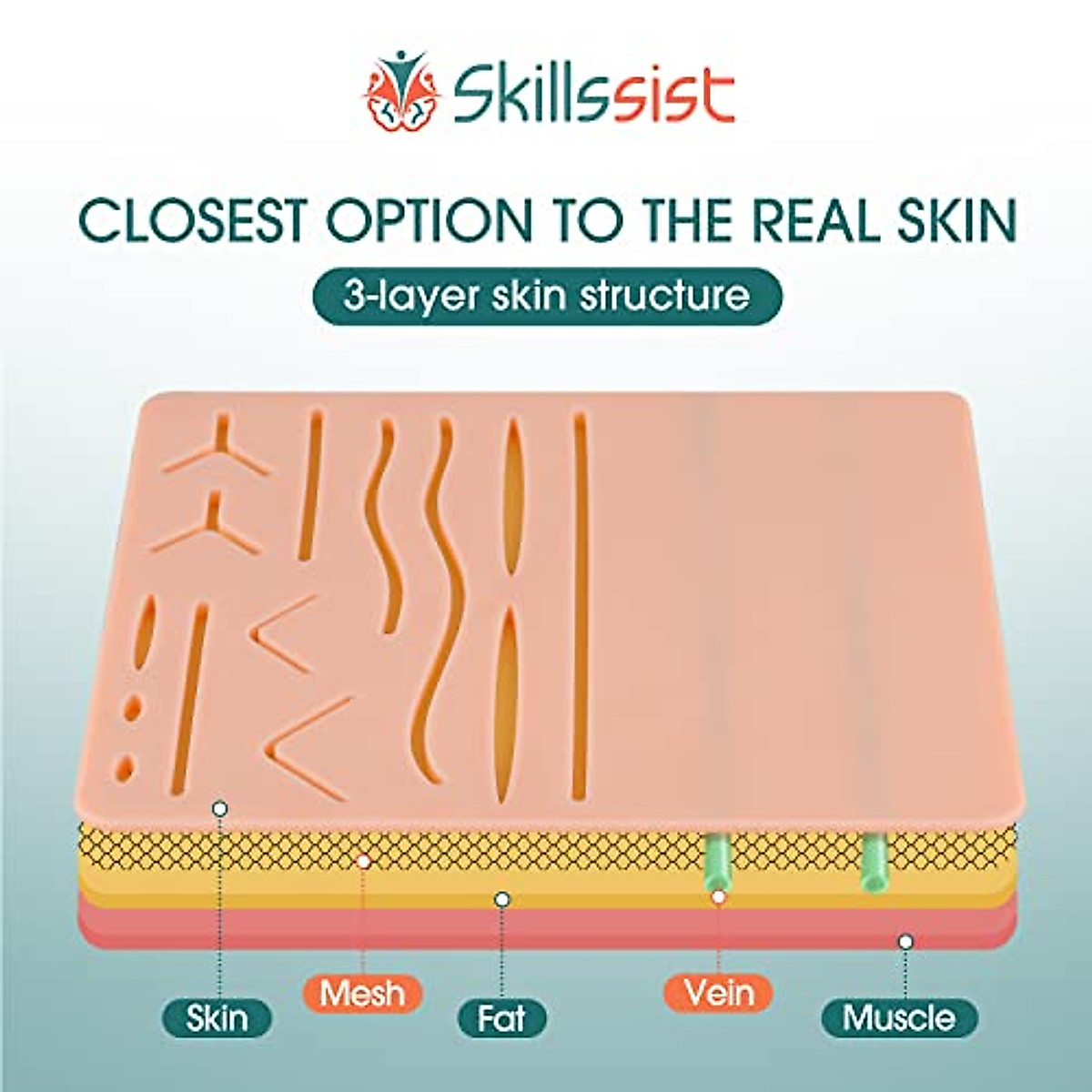 Skillssist Suture Practice Pad & Injection IV Training Pad with 14 Pre-Cut Wounds and 2 Veins, 2-in-1 Training pad for IV Injection Training & Suturing Practice for Medical Students and Doctors