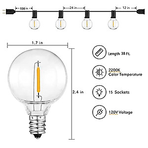 Brightown Outdoor String Lights 38FT(30+8) - LED String Lights G40 Globe Patio Lights Energy Saving with 15 LED Bulbs, Shatterproof Hanging Outdoor Lights for Christmas Outside Garden Backyard Cafe