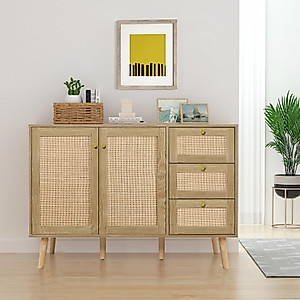 Anmytek Rattan Sideboard Buffet Cabinet with 2 Doors and 3 Drawers, Buffet Cabinet with Storage Wood Credenza Storage Cabinet for Living Room Dining Room Hallway Kitchen, Natural Oak H0088