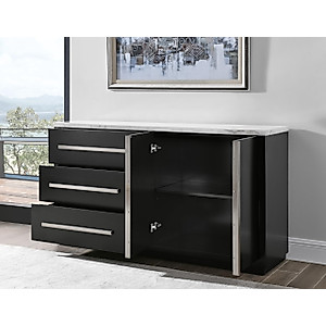Steve Silver Furniture Camila Server, Birch Veneer, Soft Close Doors, Asymmetrical Design, Finish, Black Sideboard, 66 x 18 x 36, Ebony, White marble top
